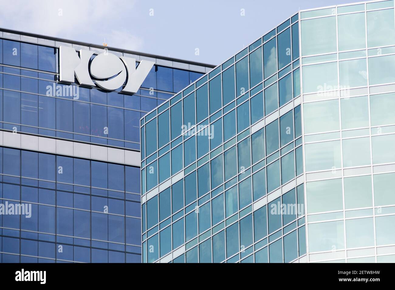 A logo sign outside of a the headquarters of National Oilwell Varco in ...