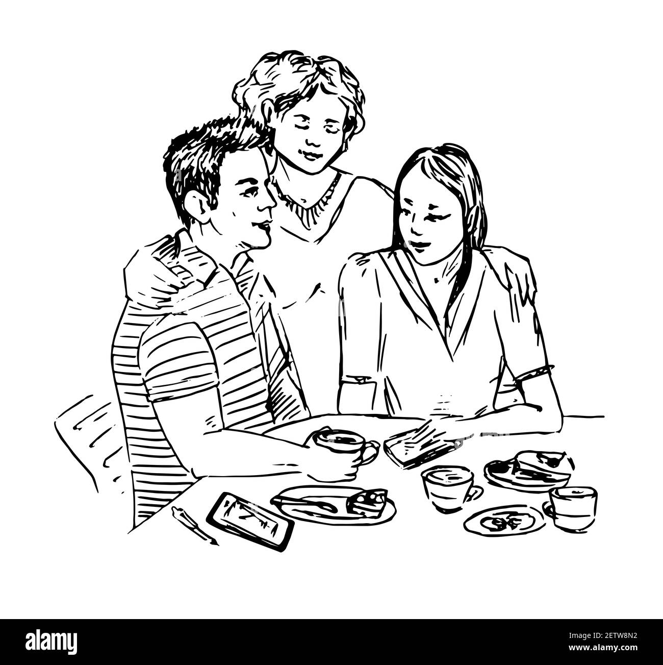 Friends happy talking while drinking coffee, hand drawn doodle, drawing ...