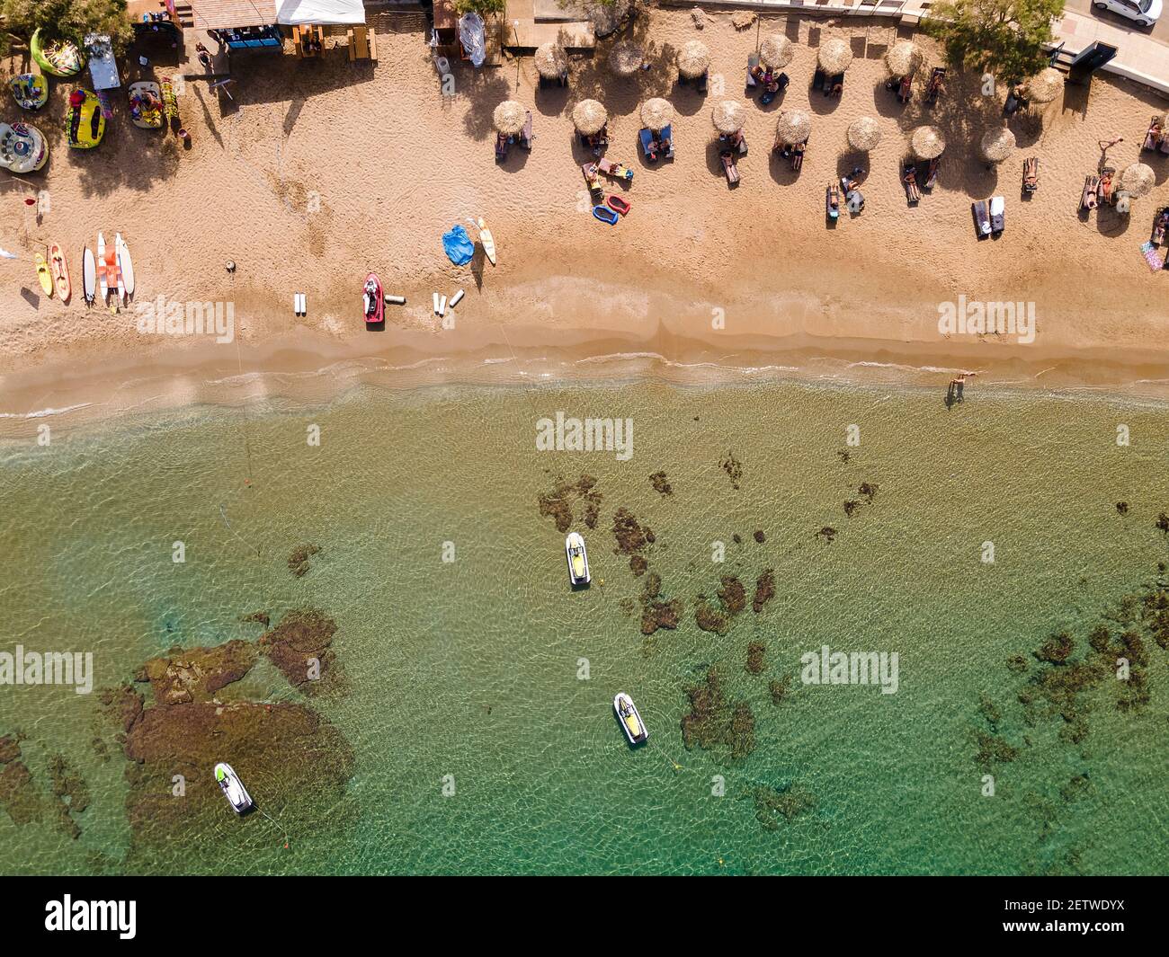 Aerial top view by drone of the beach with jet ski Stock Photo - Alamy