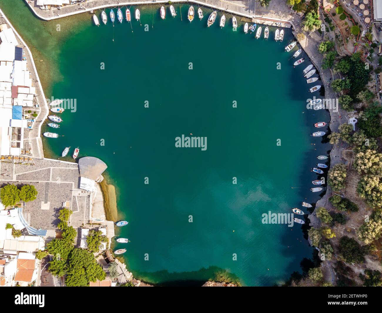Aerial top view by drone of Voulismeni Lake in Agios Nikolaos city ...