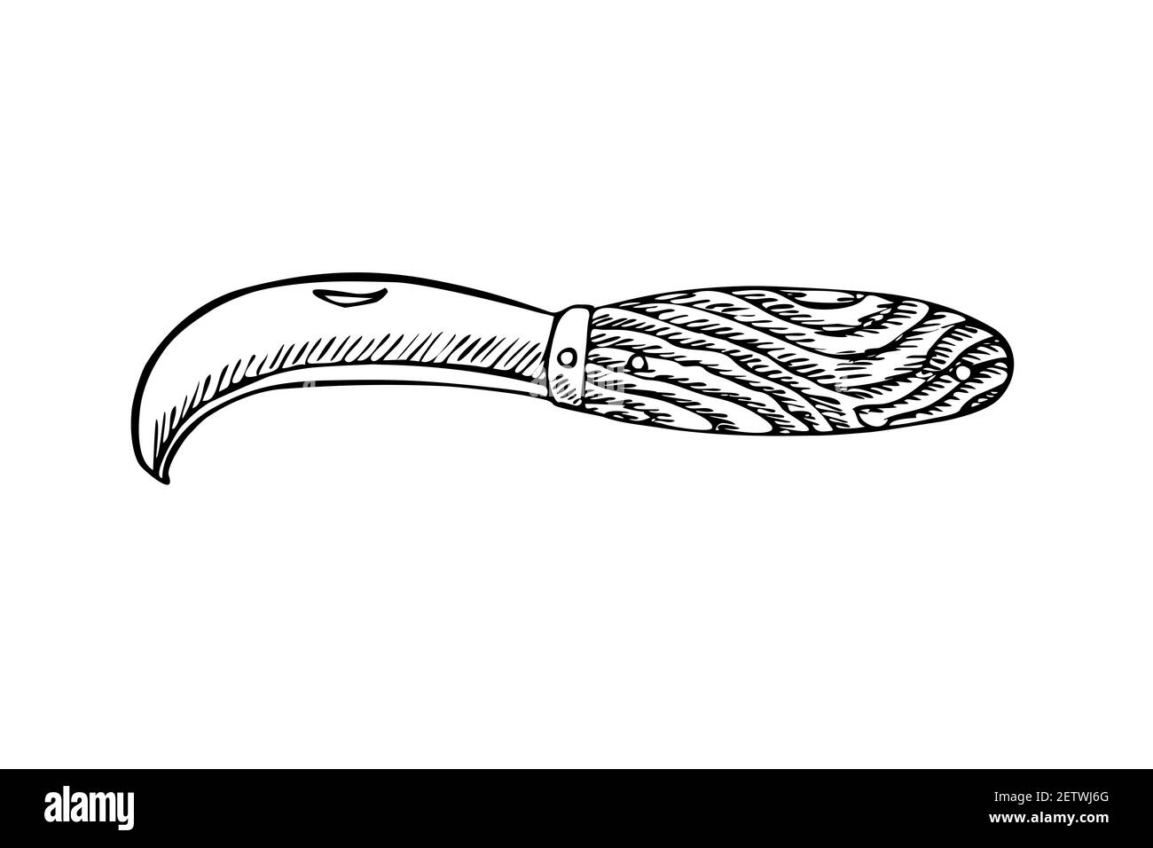 Garden knife with semicircular blade and wooden handle, gravure style ...