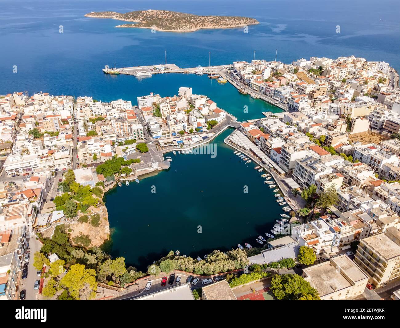 Aerial top view by drone of Agios Nikolaos city. Greece, Crete Stock ...