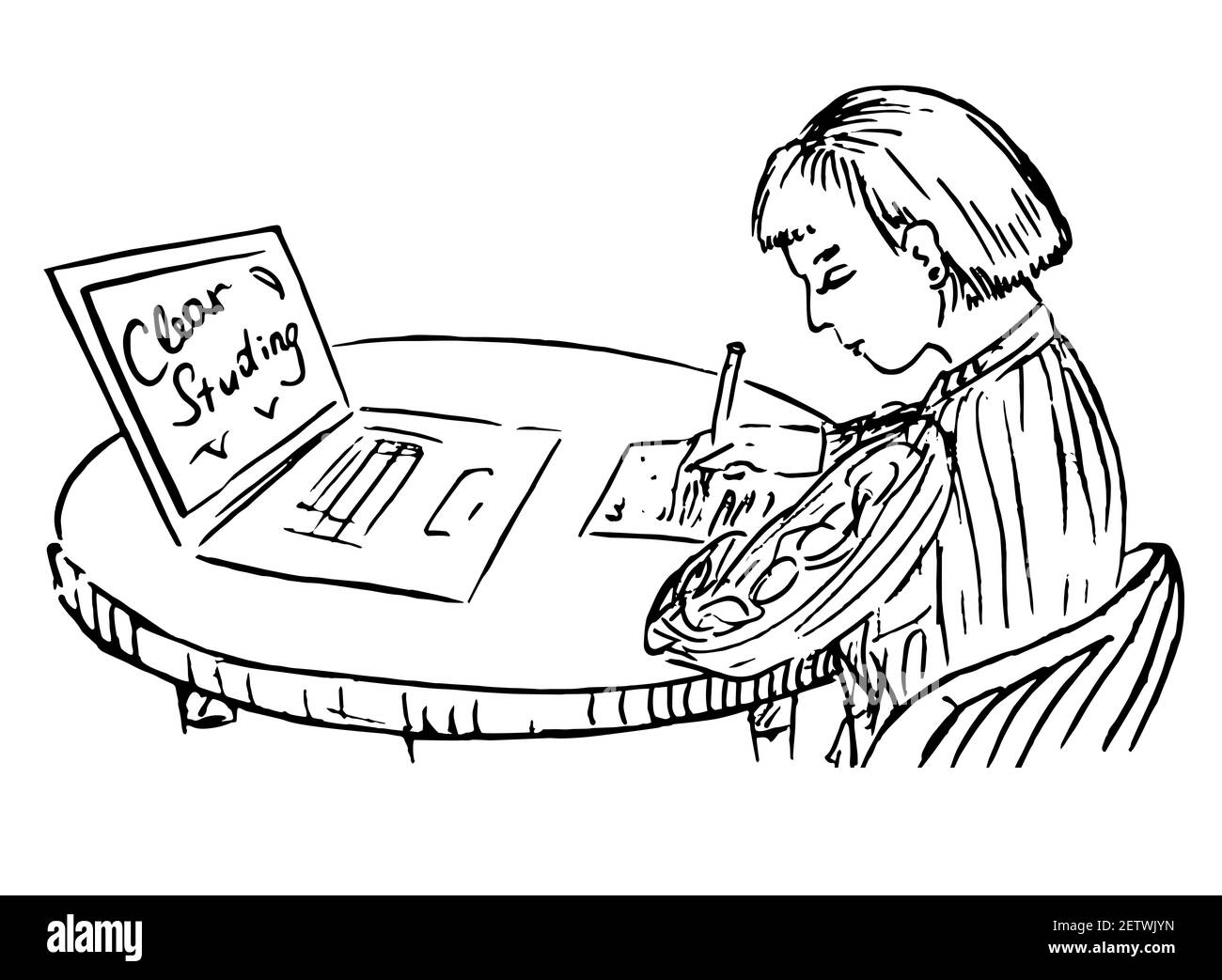 Girl sitting at home and studying lessons online on computer, writing ...