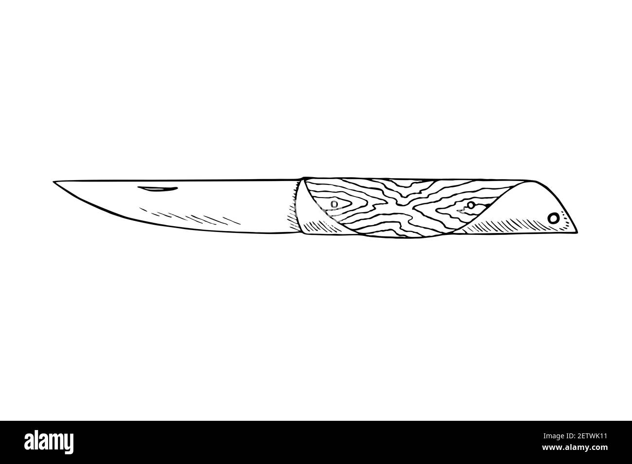 Knife with straight blade and wooden handle, gravure style hand drawn ...
