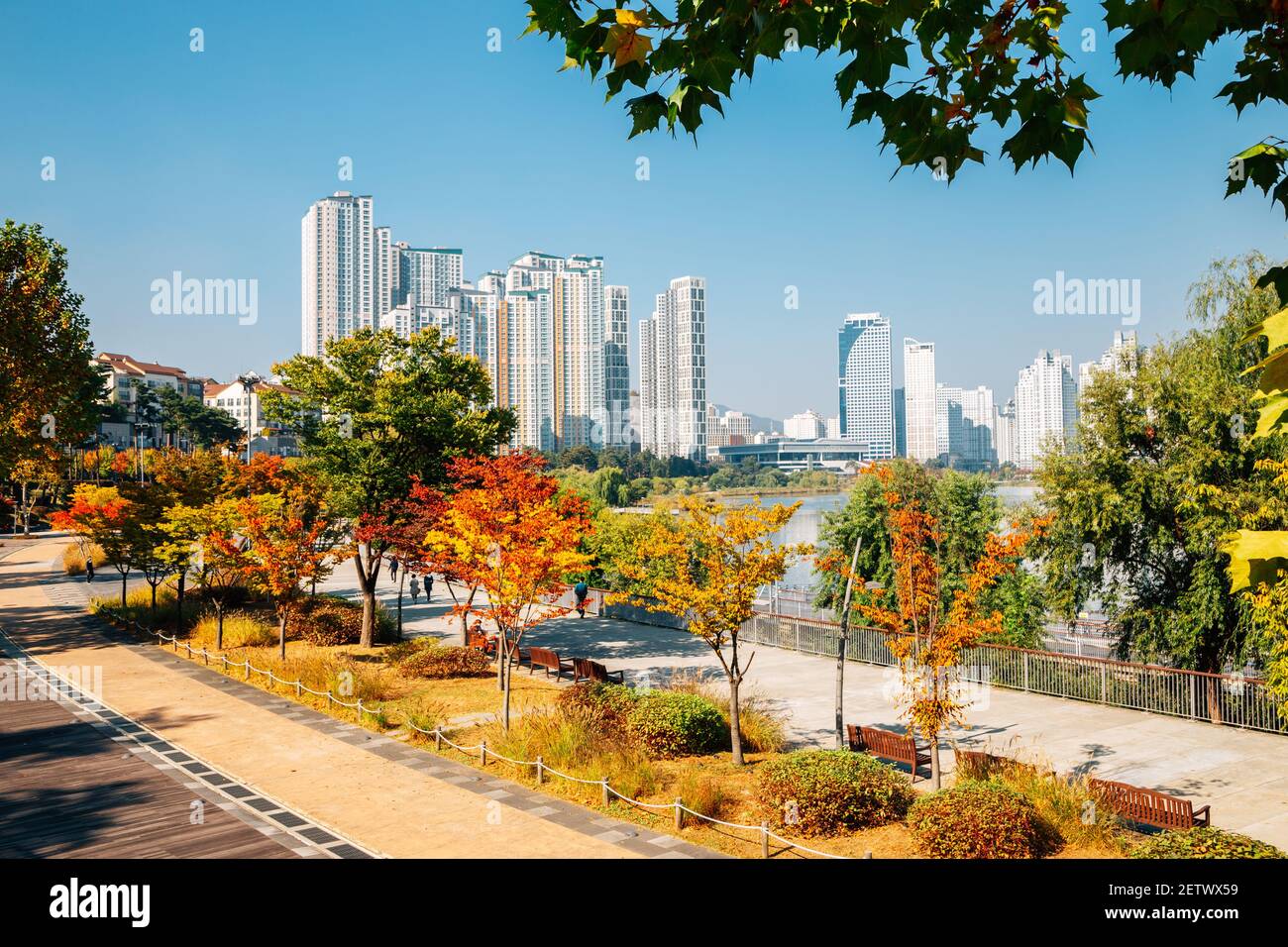 View of modern skyscrapers and Gwanggyo Lake Park at autumn in Suwon ...