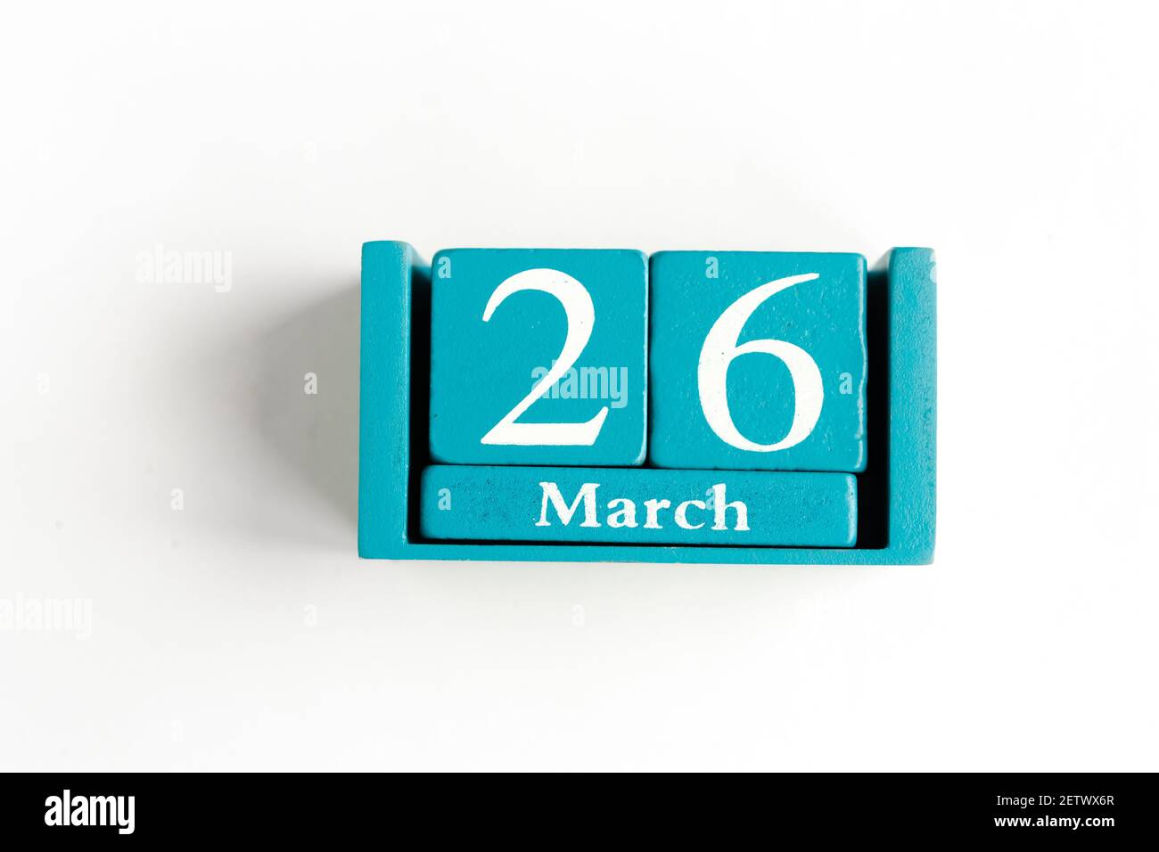 March 26. Blue cube calendar with month date isolated on white ...