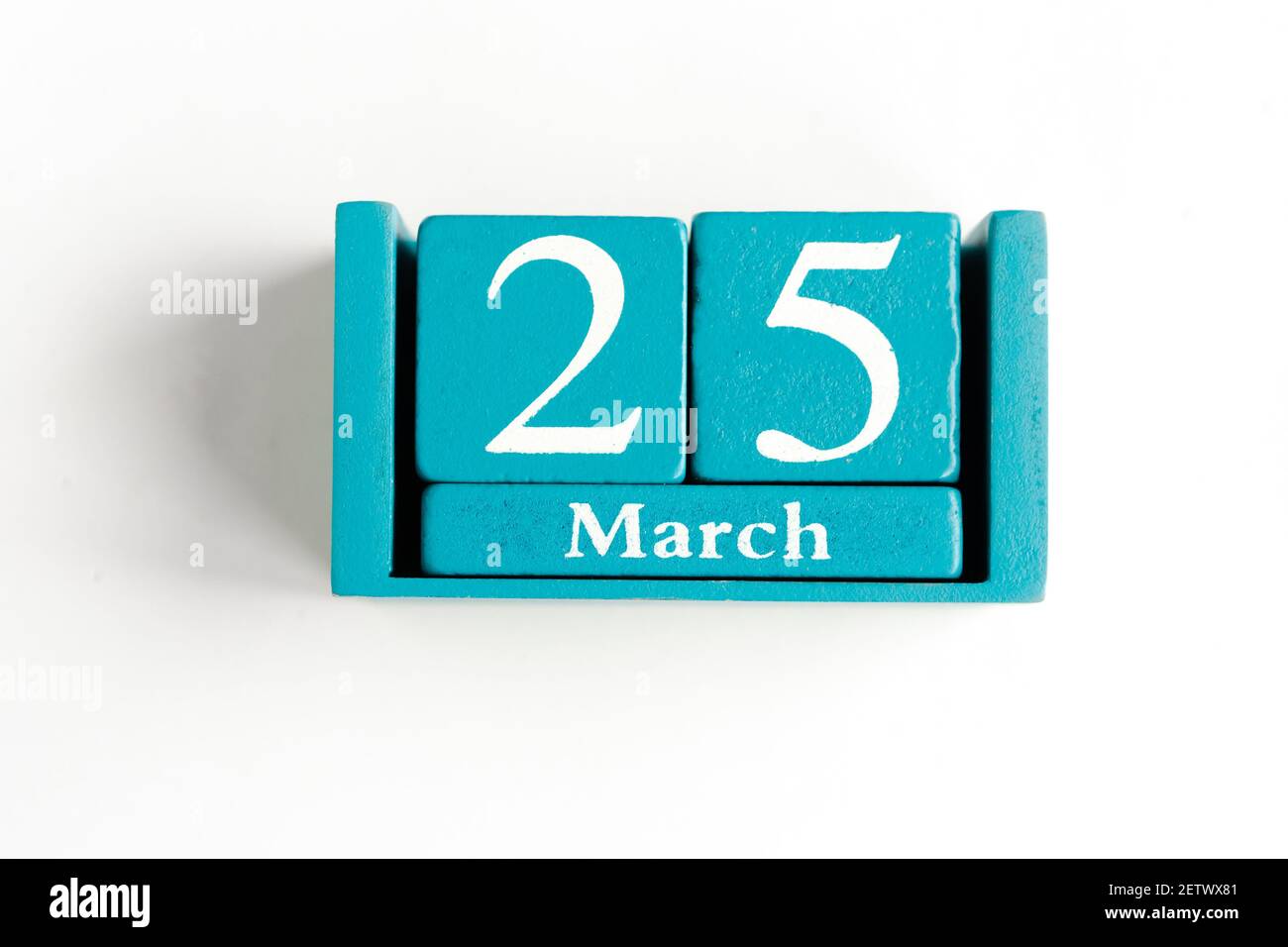 March 25. Blue cube calendar with month date isolated on white ...