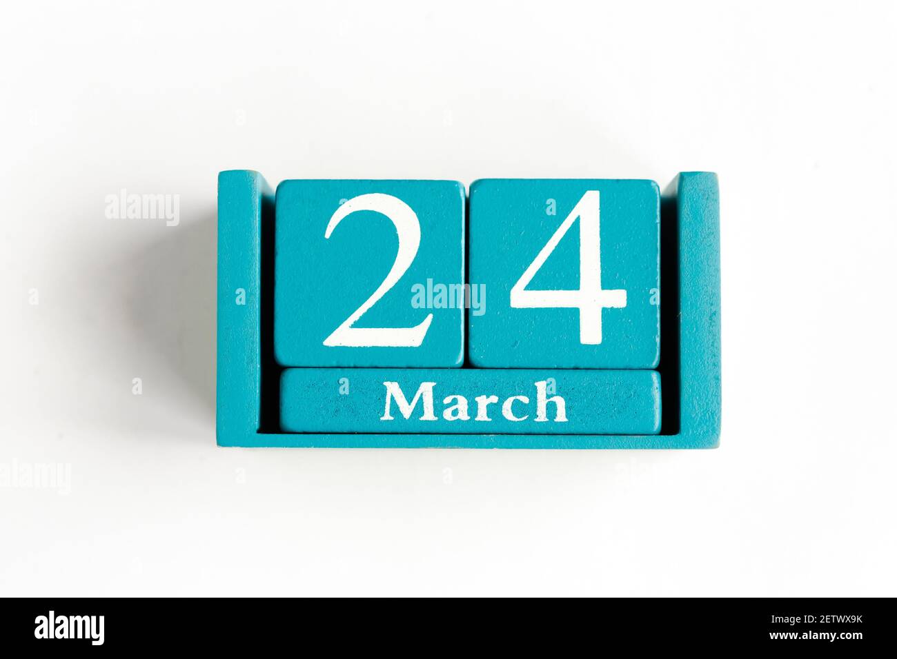 March 24. Blue cube calendar with month date isolated on white ...