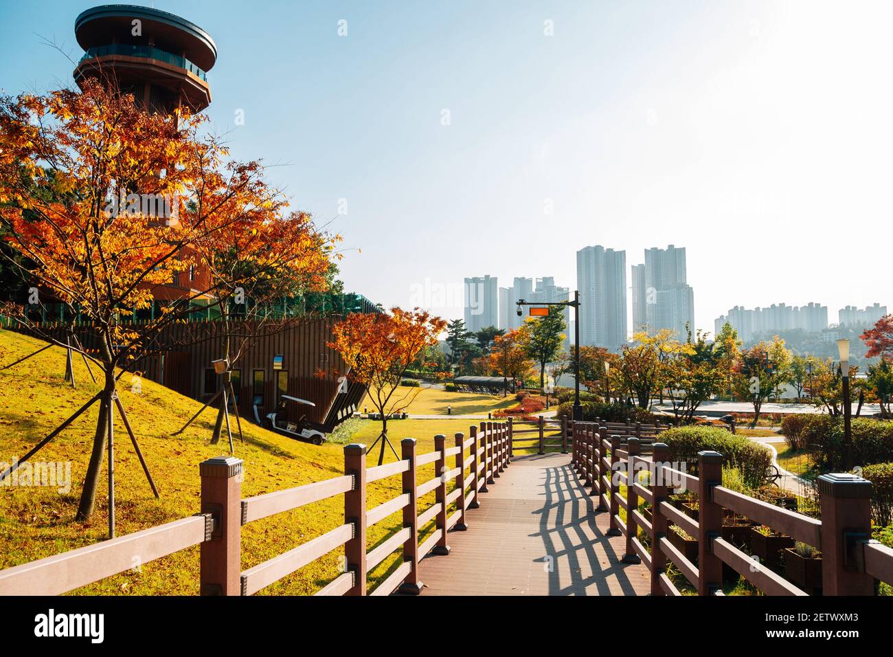 Modern skyscrapers and Gwanggyo Lake Park at autumn in Suwon, Korea ...
