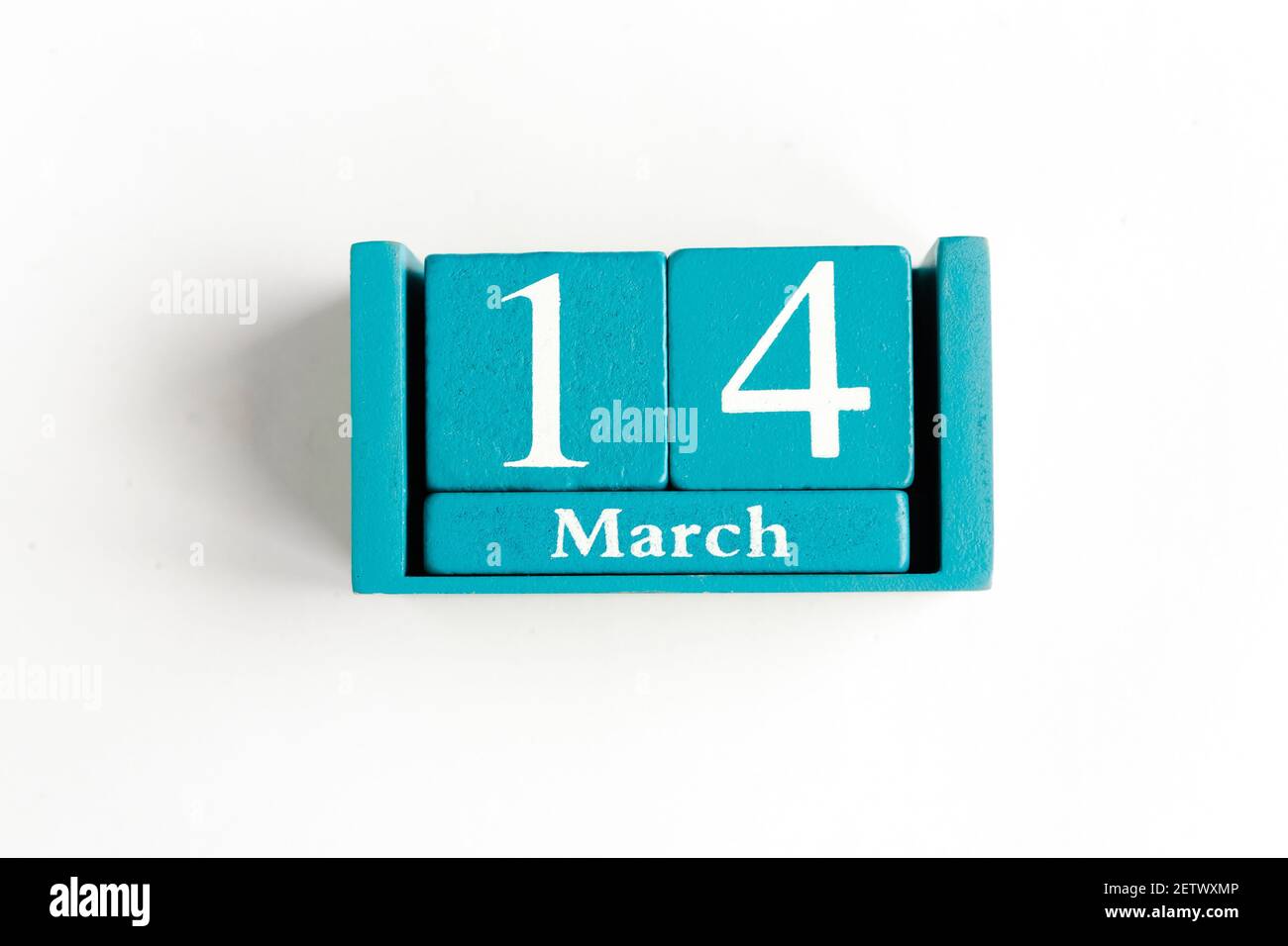 March 14. Blue cube calendar with month date isolated on white ...
