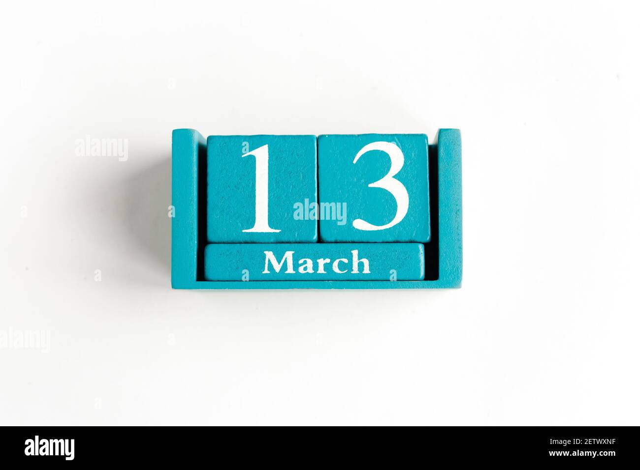 March 13. Blue cube calendar with month date isolated on white ...