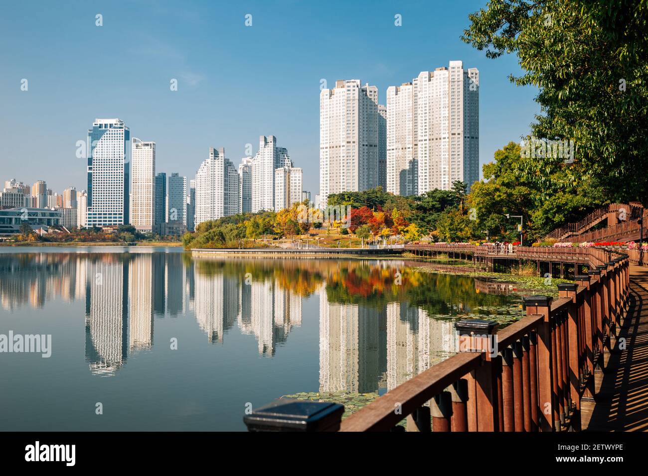 View of modern skyscrapers and Gwanggyo Lake Park in Suwon, Korea Stock ...