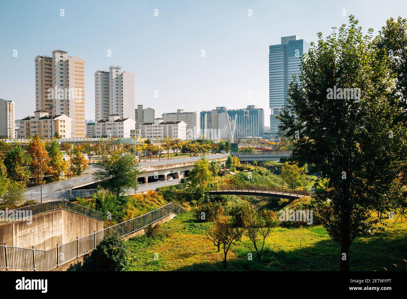 View of modern skyscrapers and Gwanggyo Lake Park in Suwon, Korea Stock ...