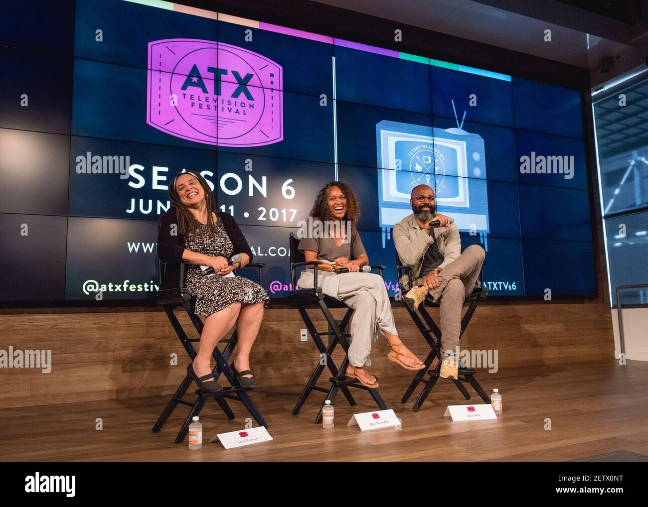 AUSTIN, TX - JUNE 11: (L-R) Sarah Rodman, Mara Brock Akil, and Salim ...