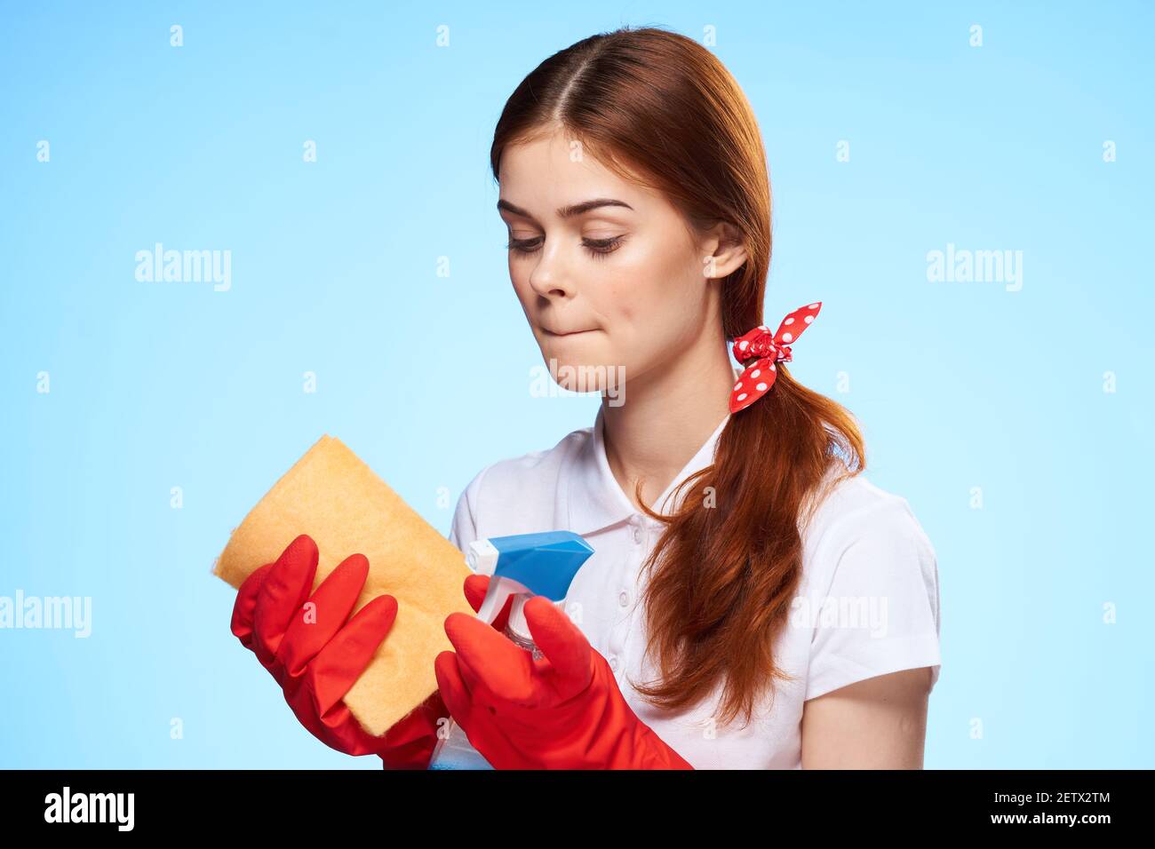 professional cleaning lady service housework blue background Stock ...
