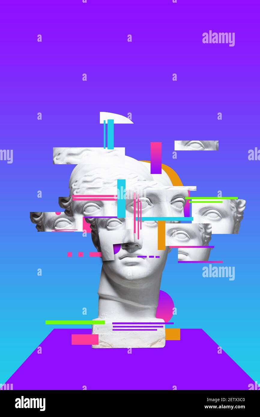 Contemporary art collage with antique statue head in a surreal style ...