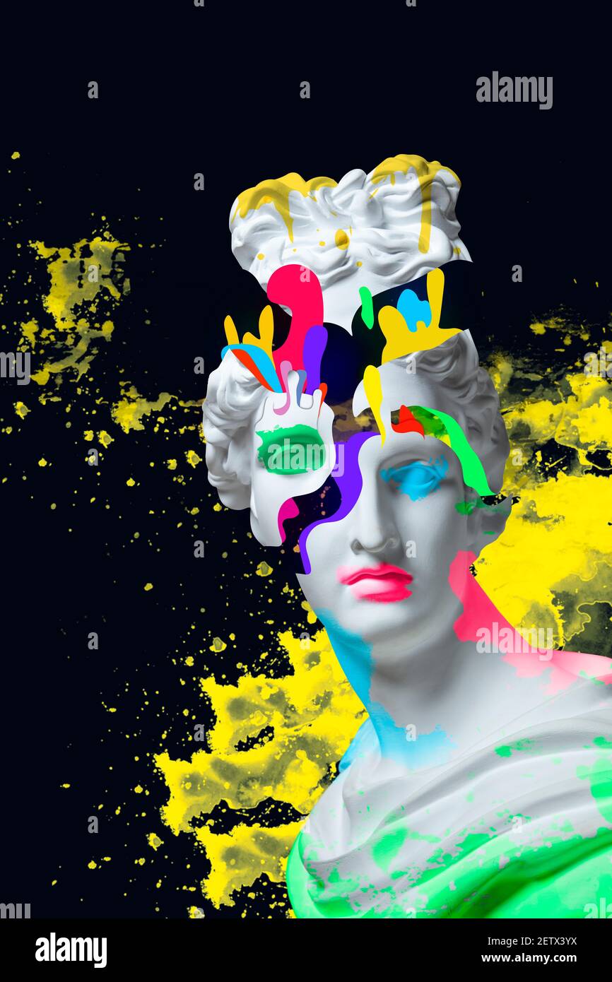 Contemporary art collage with antique statue head in a surreal style ...