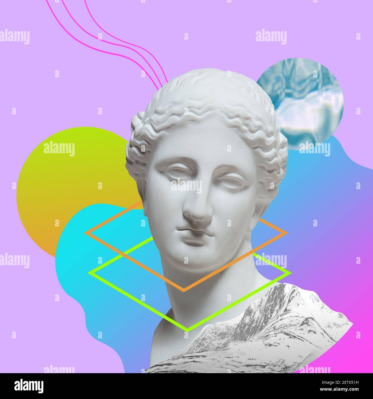 Contemporary art collage with antique statue head in a surreal style ...