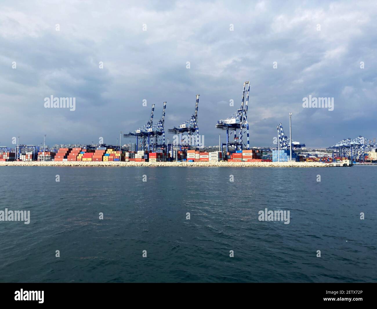 view from ambarli international harbor containers loading ships Stock ...