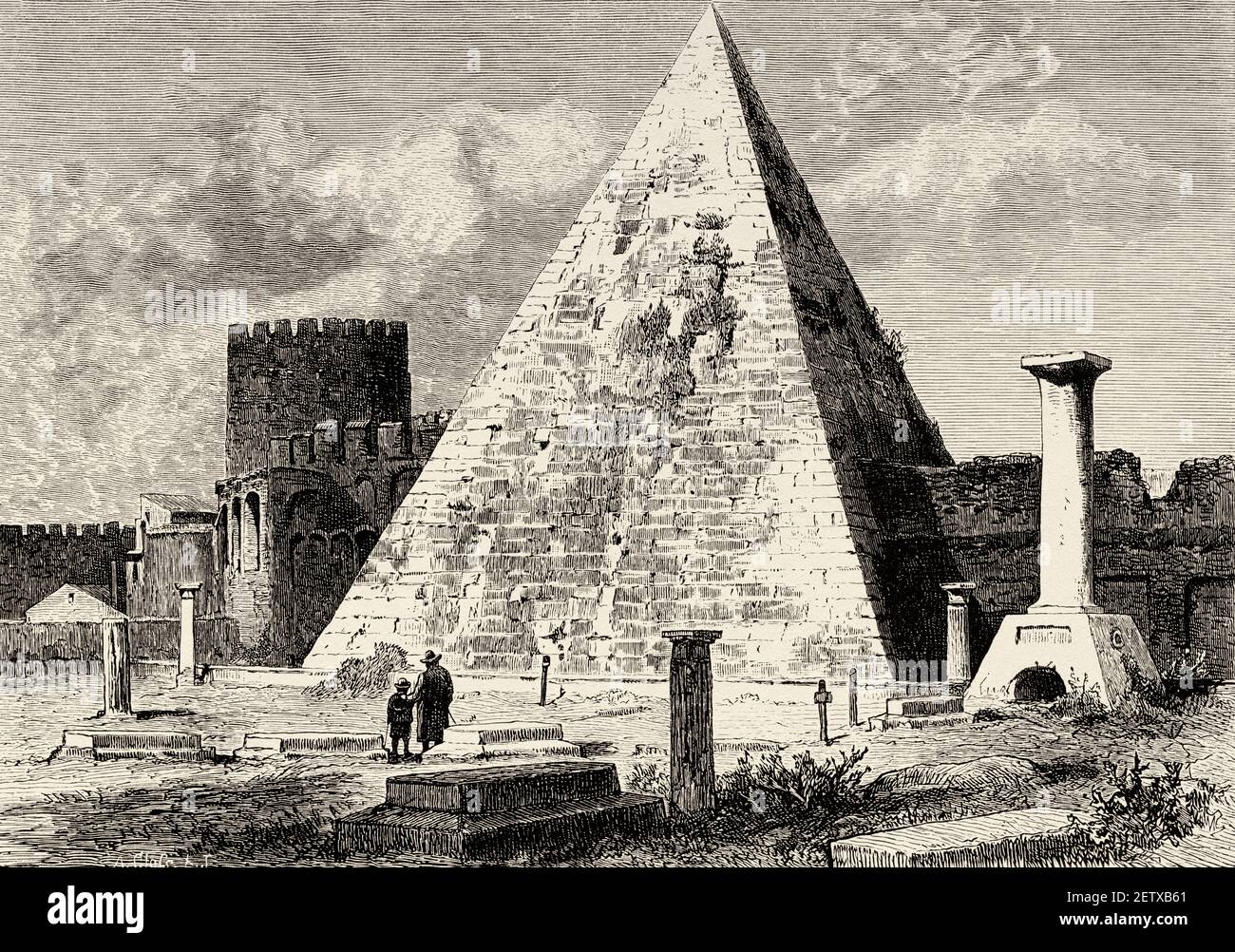 Roman Tomb of Caius-Cestius, Pyramid of Cestius. Rome in XIX Century. Italy, Europe. Old 19th ...