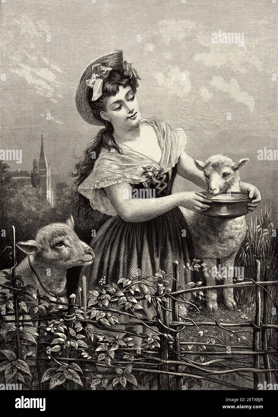 Young shepherdess woman of the 19th century giving drink to her sheep ...