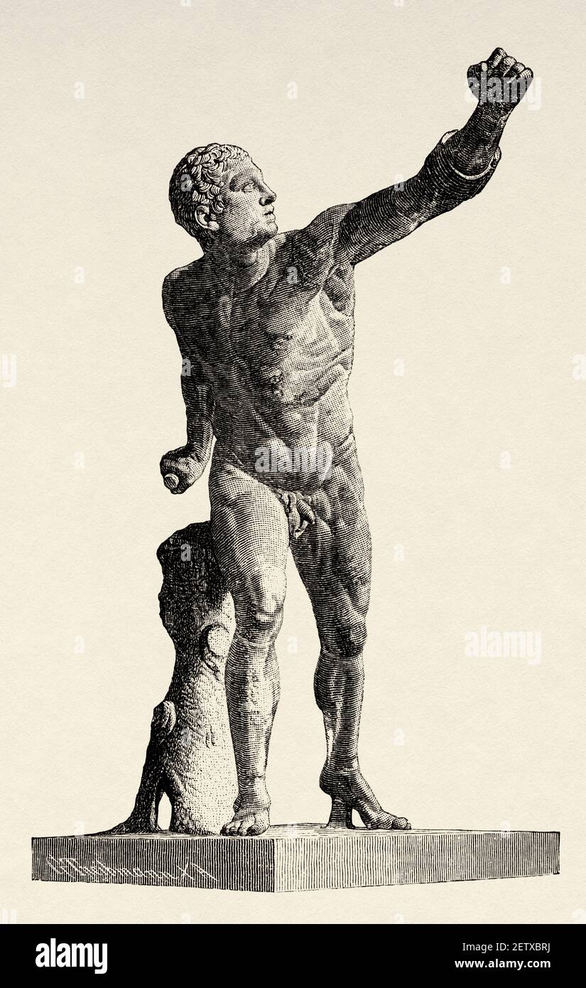 The Borghese Gladiator, Ancient roman empire. Italy, Europe. Old 19th century engraved ...