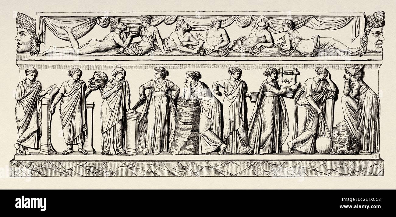 Sarcophagus of the Muses, relief from a marble sarcophagus found in ...