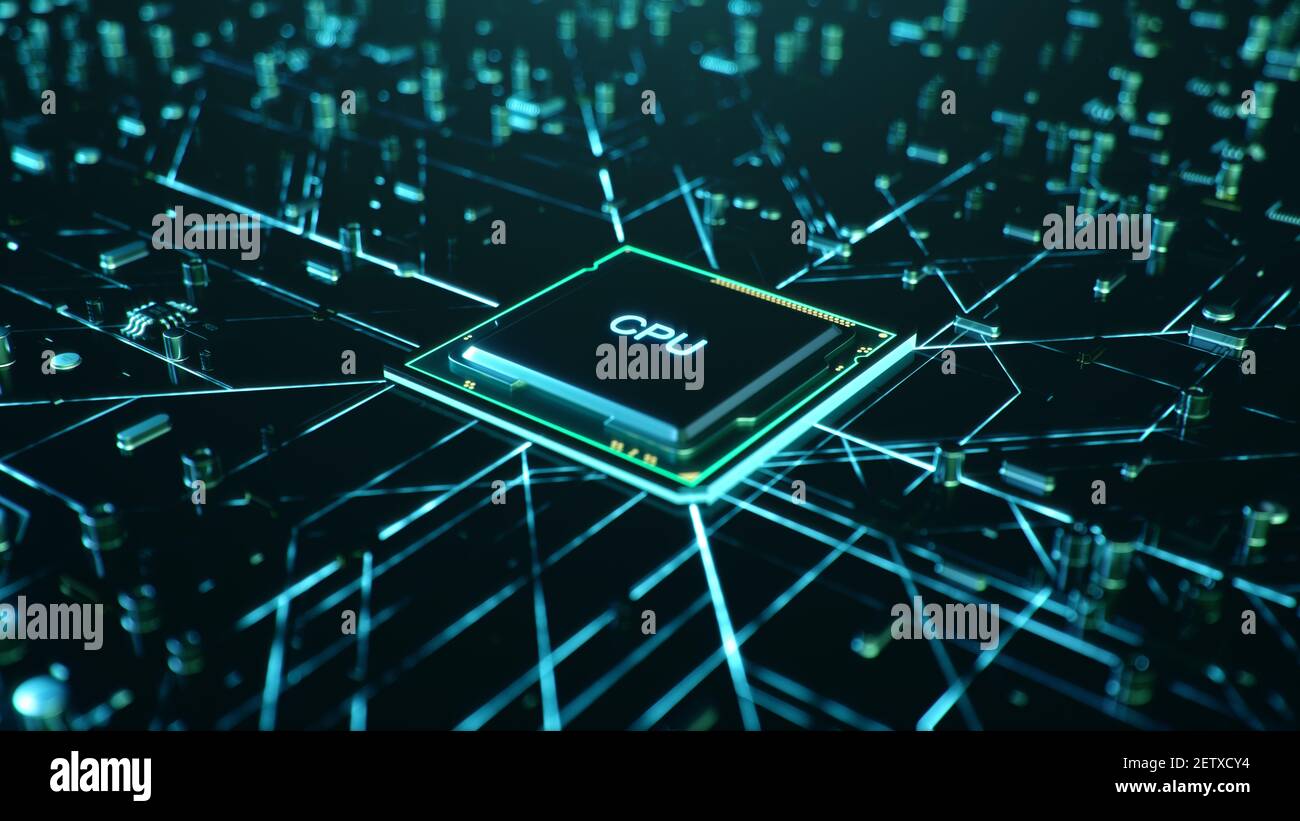 Technological Background With Cpu And Circuit Board Flying Cpu And Installation In Center