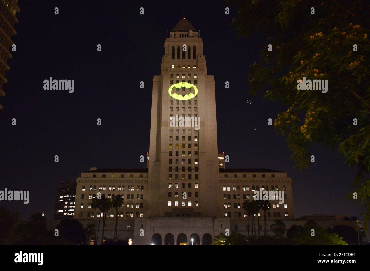 The Bat-Signal is projected onto City Hall in Los Angeles, CA during a ...
