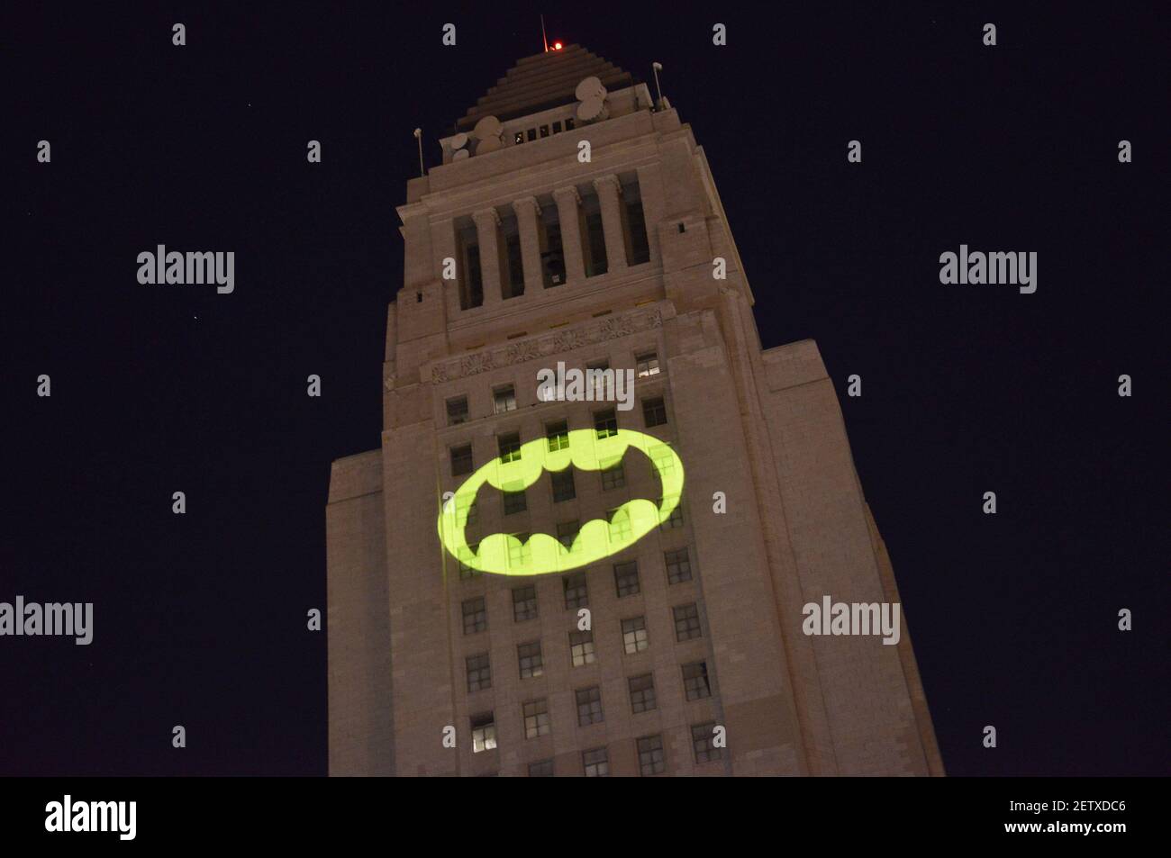 The Bat-Signal is projected onto City Hall in Los Angeles, CA during a ...
