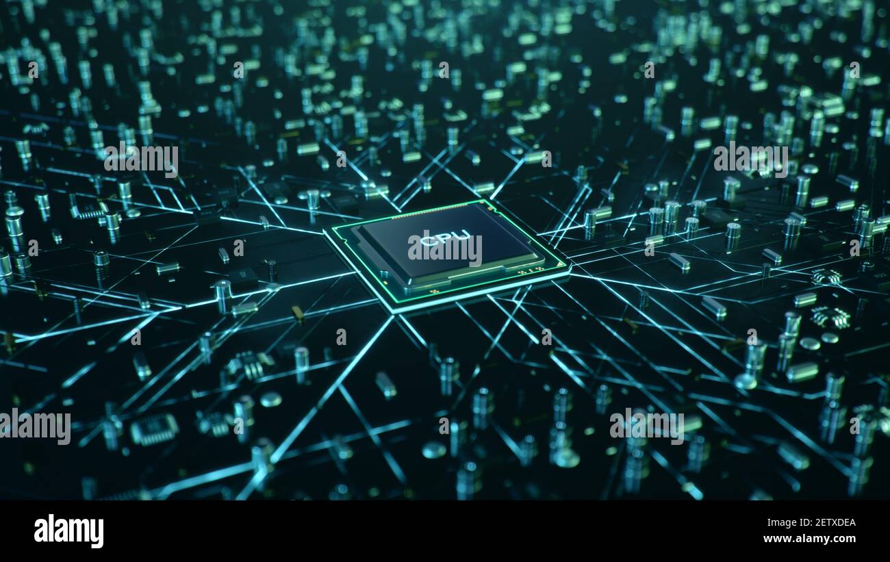 Technological Background With Cpu And Circuit Board Flying Cpu And Installation In Center