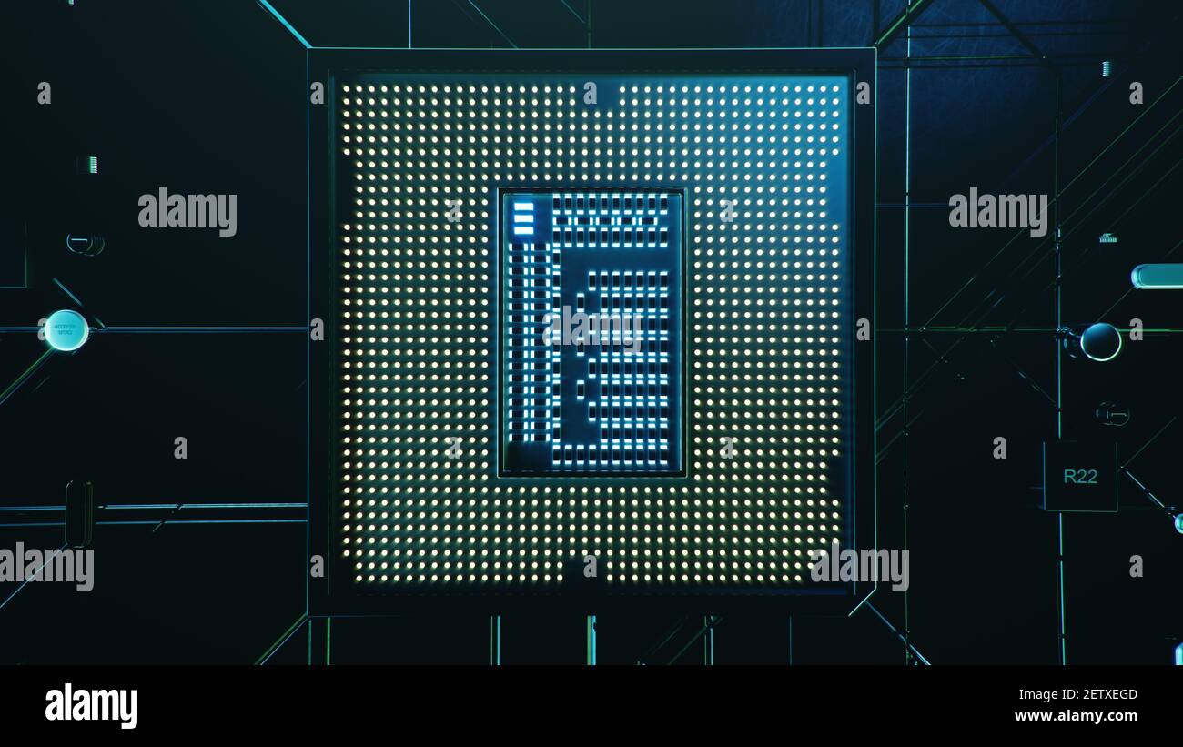 Technological Background With Cpu And Circuit Board Flying Cpu And Installation In Center