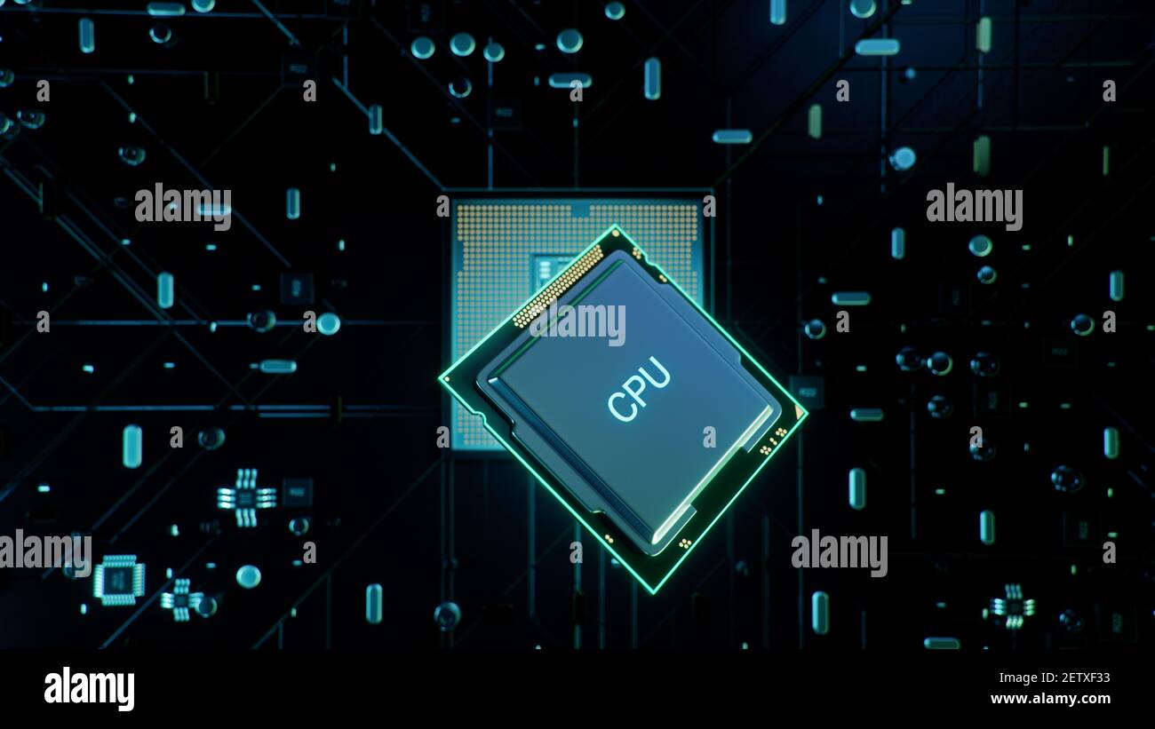 Technological Background With Cpu And Circuit Board Flying Cpu And Installation In Center