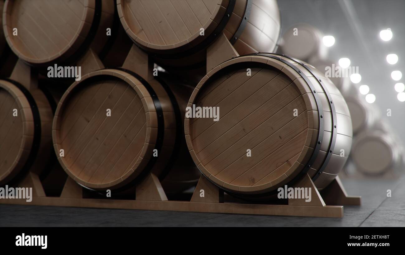 Barrels of wine, whiskey, bourbon liqueur or cognac in the basement ...