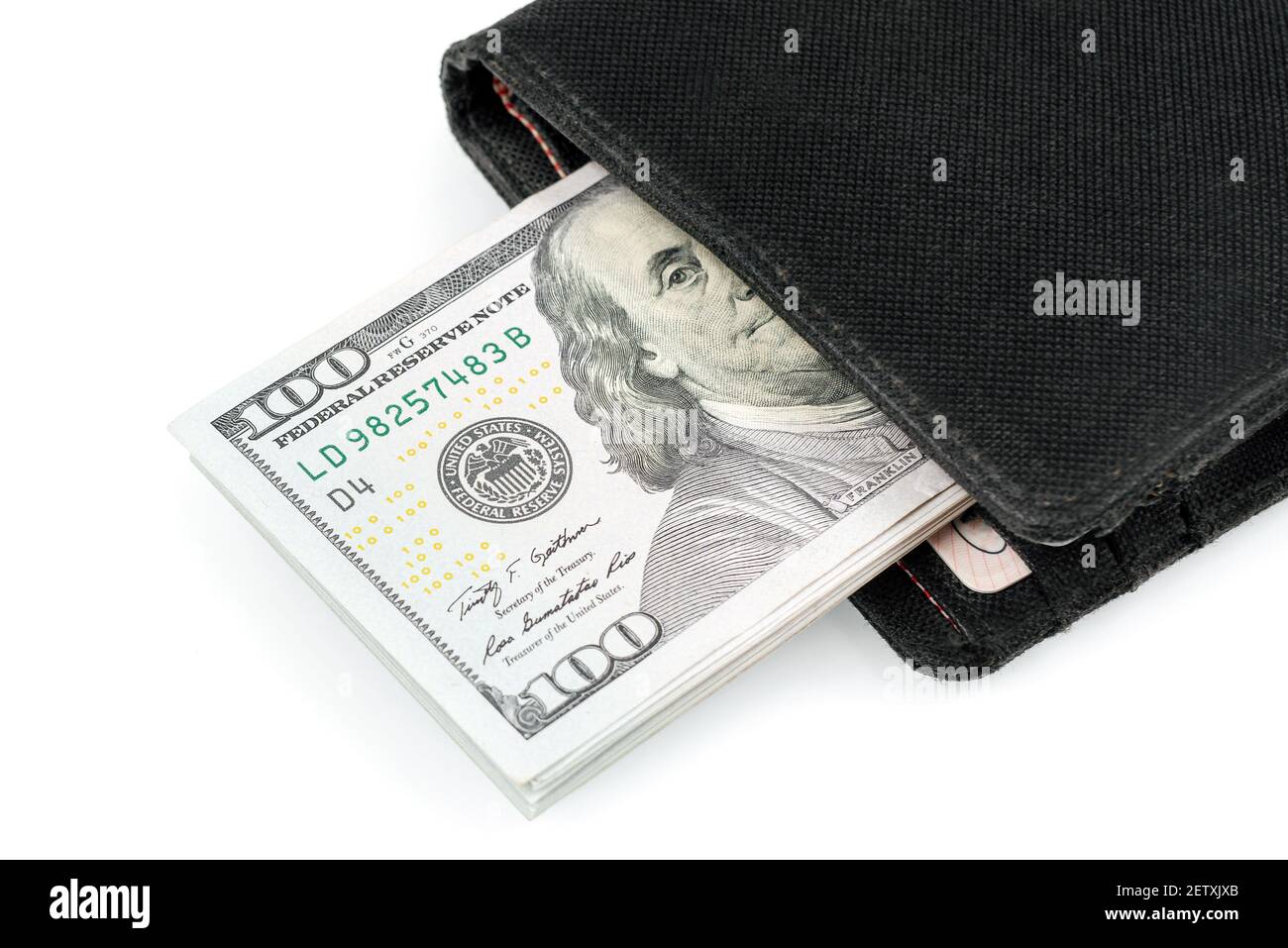 Black fabric wallet with dollars isolated on white background. Flat lay ...