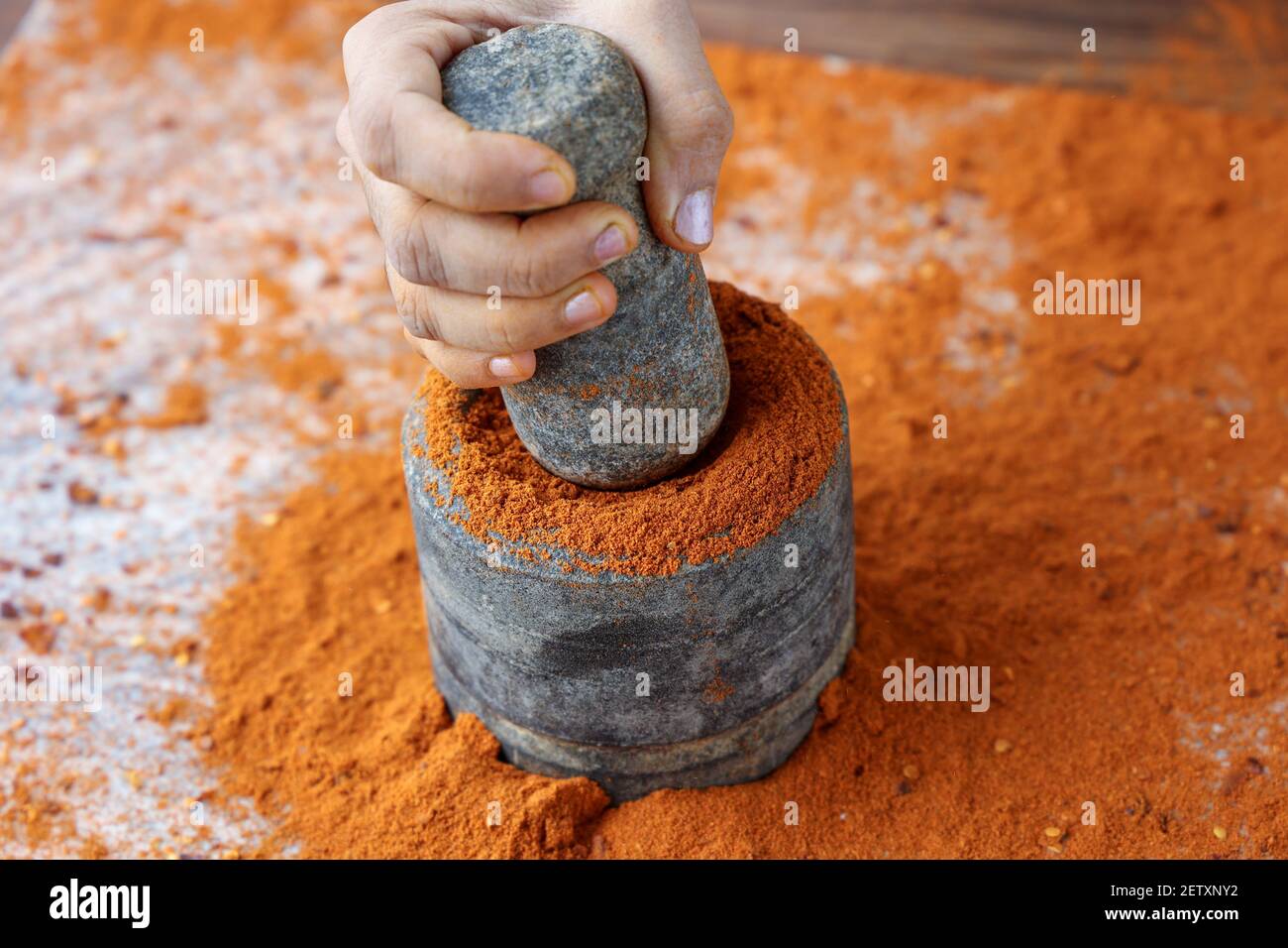 Indian woman hand powdering Indian spices Red chilly , chili paprika ...