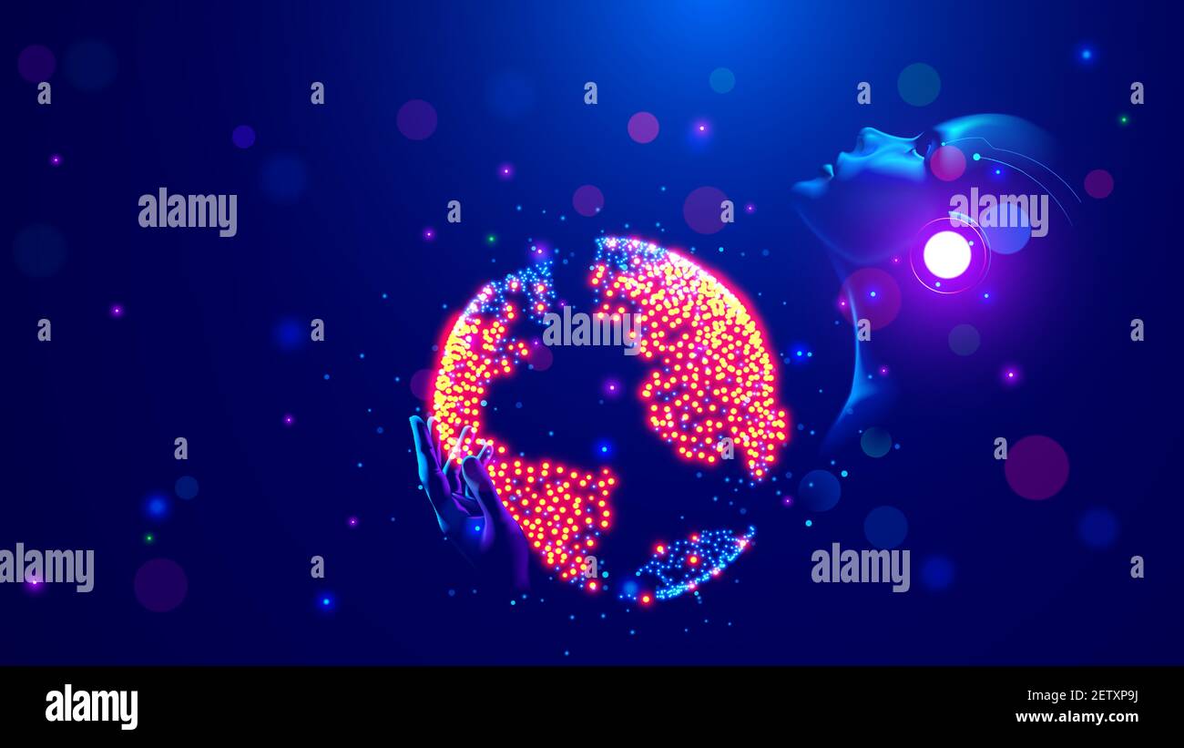 Planet earth in hand AI in image female cyborg. Global internet around ...
