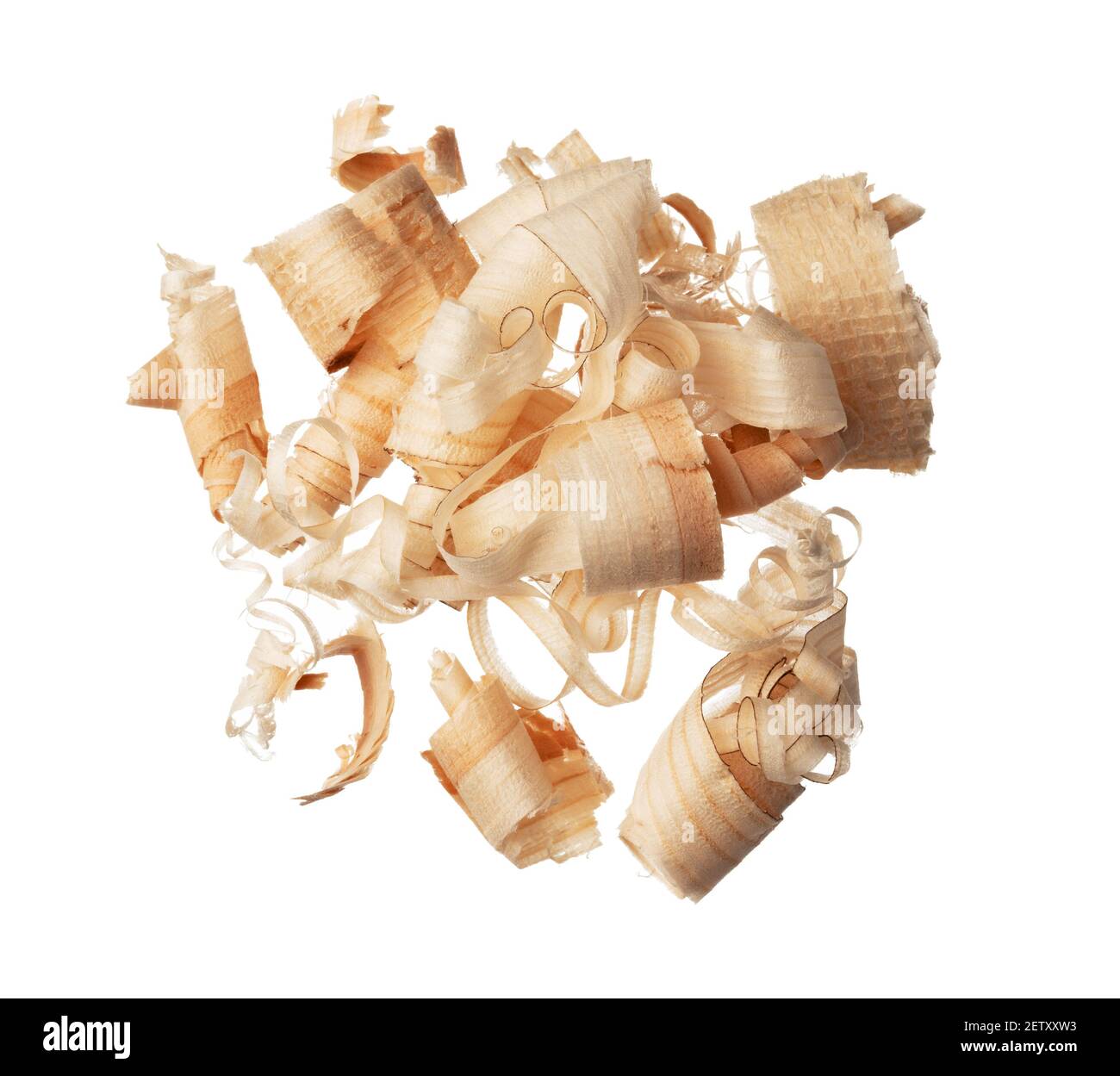 Wood shavings curls isolated on white background Stock Photo - Alamy