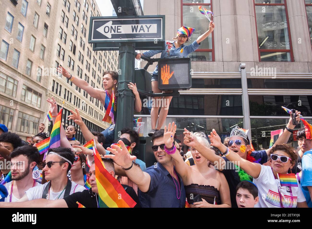 People participate in the 2017 New York Gay Pride Parade on Fifth Avenue in New York, NY on June ...