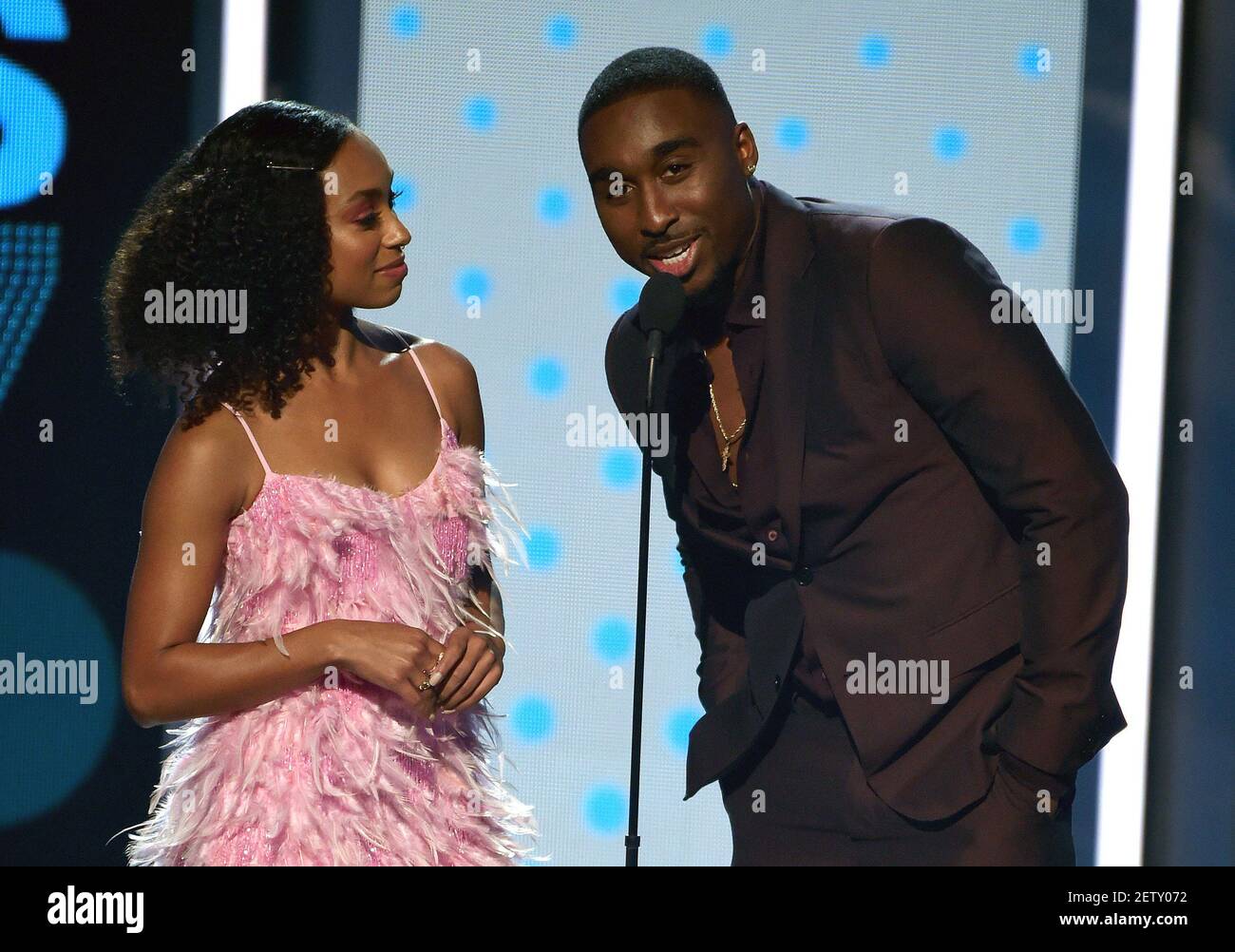 LOS ANGELES - JUNE 25: Logan Browning (L) and Demetrius Shipp Jr ...