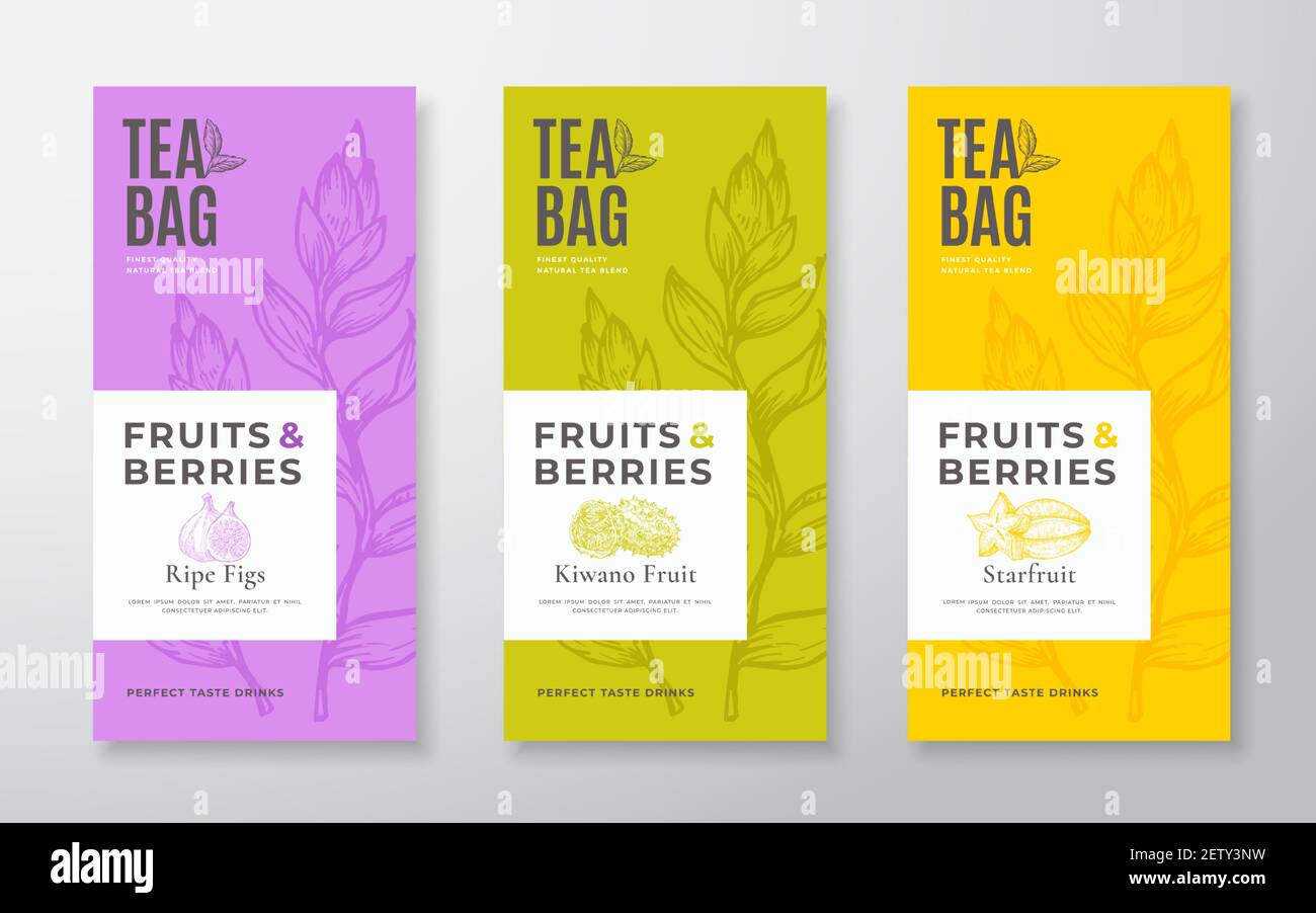Exotic Fruits Tea Labels Set. Vector Packaging Design Layouts Bundle ...