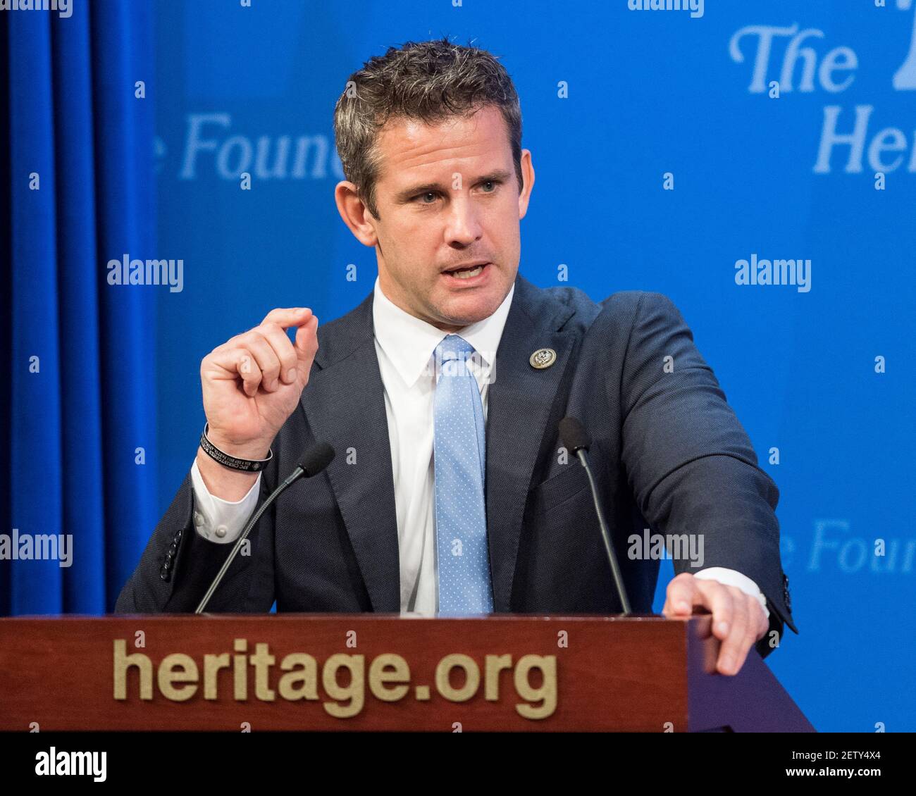 Congressman Adam Kinzinger speaking at a Heritage Foundation talk on ...