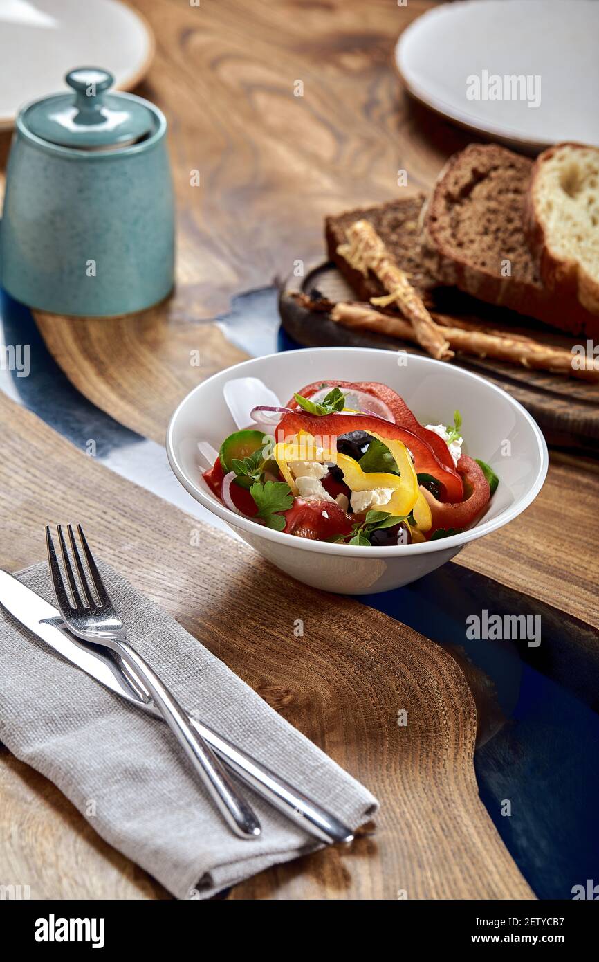 Classic Greek salad. Banquet festive dishes. Gourmet restaurant menu ...