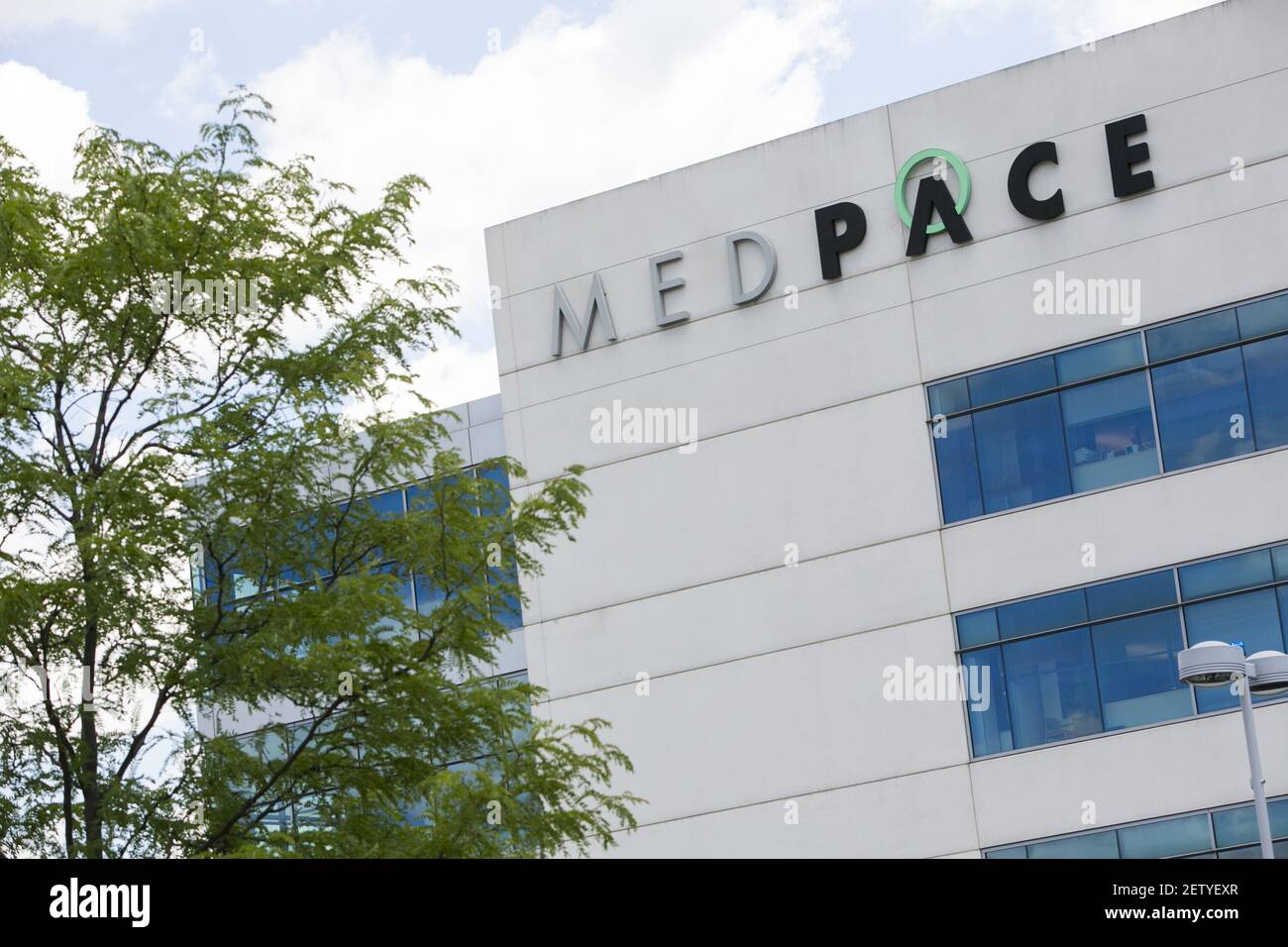 A logo sign outside of the headquarters of Medpace in Cincinnati, Ohio ...