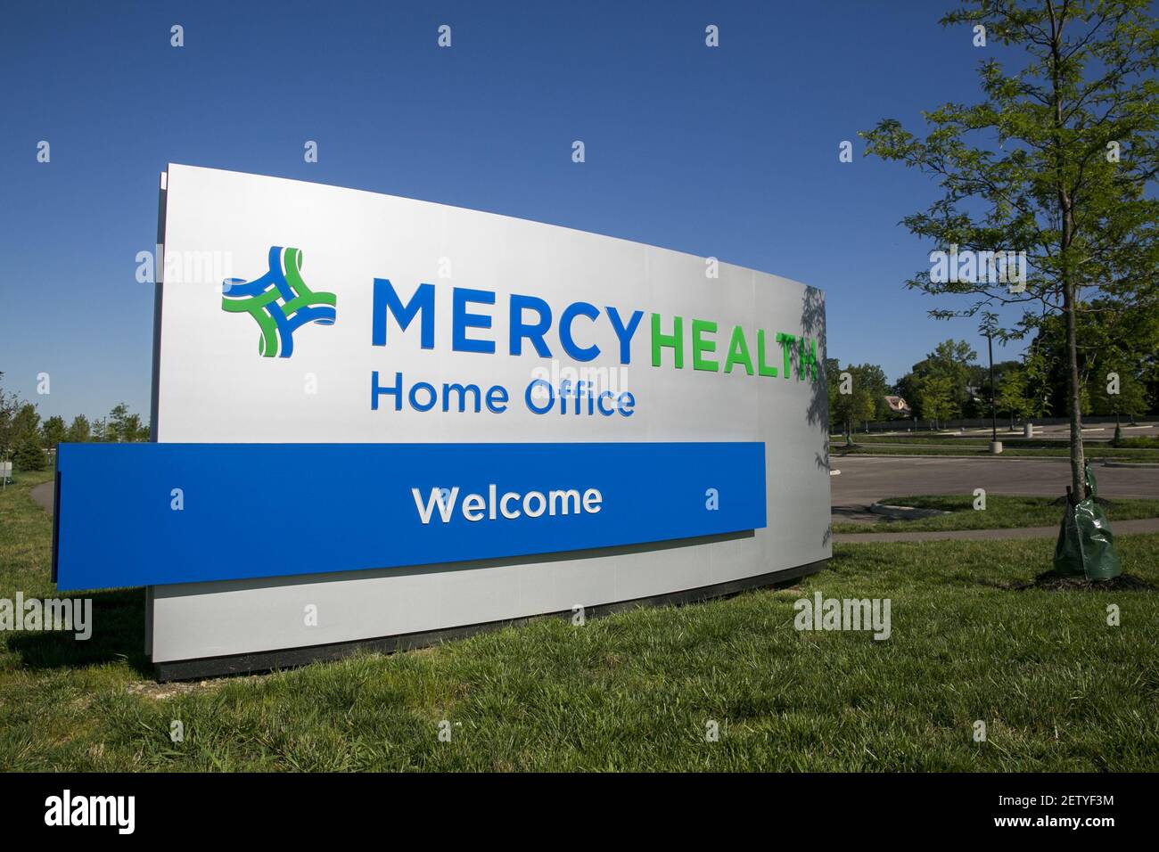 A logo sign outside of the headquarters of Mercy Health in Cincinnati ...