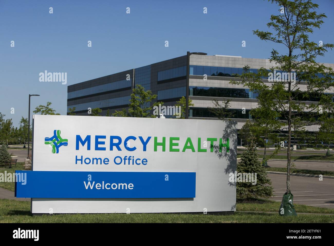 A logo sign outside of the headquarters of Mercy Health in Cincinnati ...