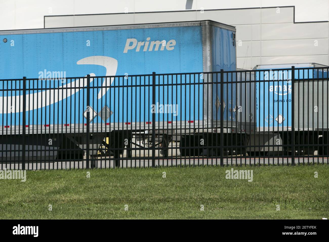 An Amazon Prime logo seen on semi truck trailers outside of a Amazon ...