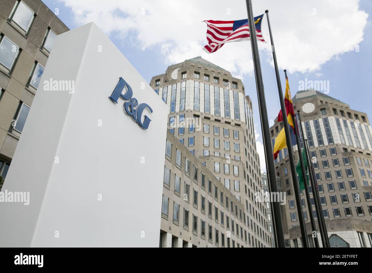 A logo sign outside of the headquarters of Procter & Gamble Co. (P&G ...
