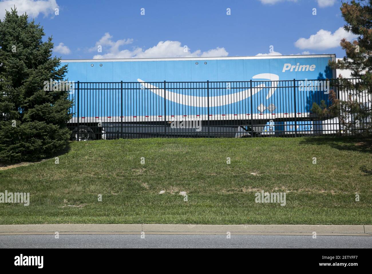 An Amazon Prime logo seen on semi truck trailers outside of a Amazon ...