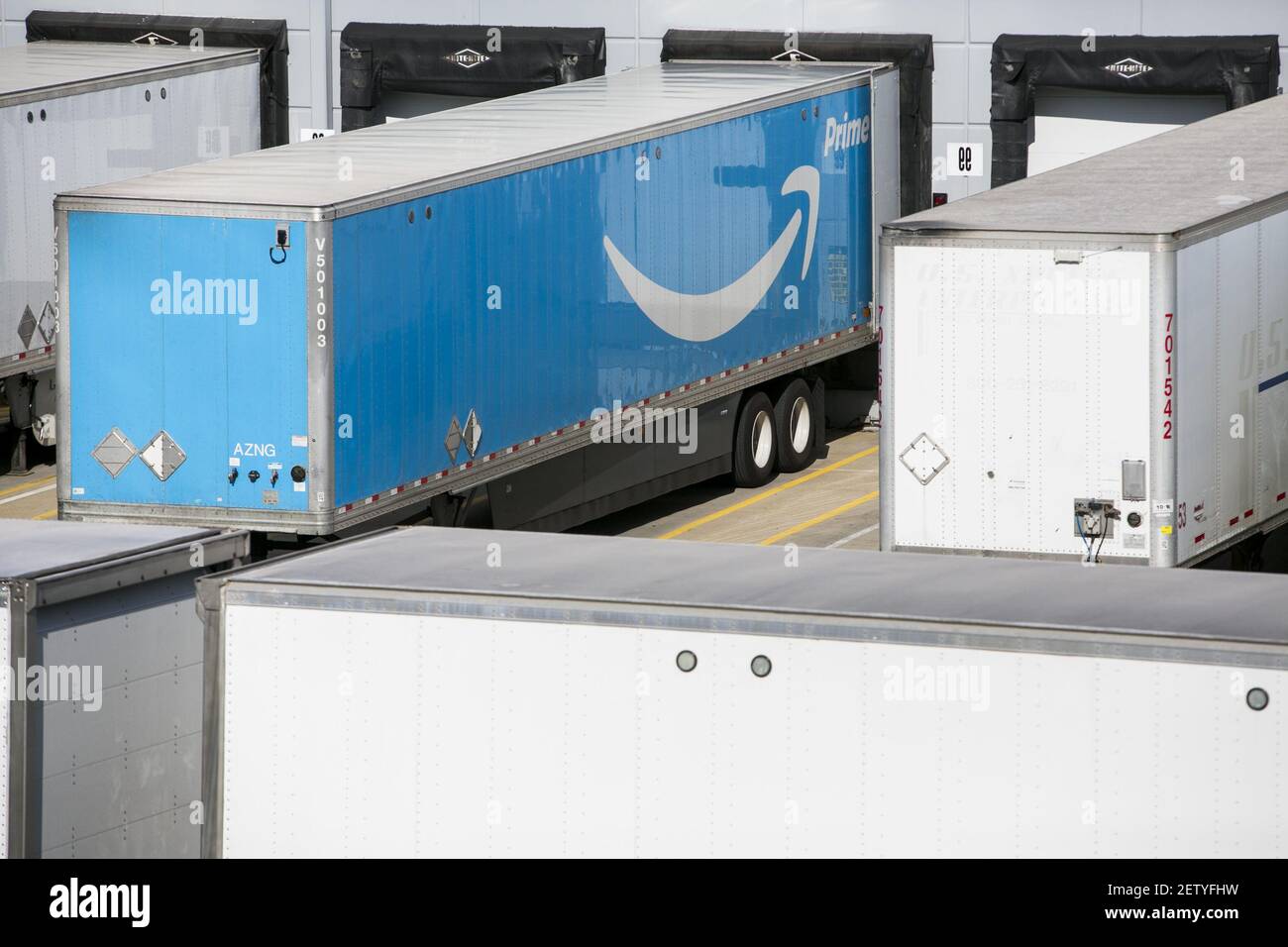 An Amazon Prime logo seen on semi truck trailers outside of a Amazon ...